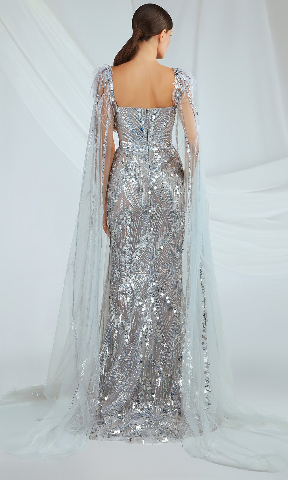 Gatti Nolli Couture OP-7282 - Long Tulle Sheath Dress - Sheer Cape Sleeves, Shimmer ...