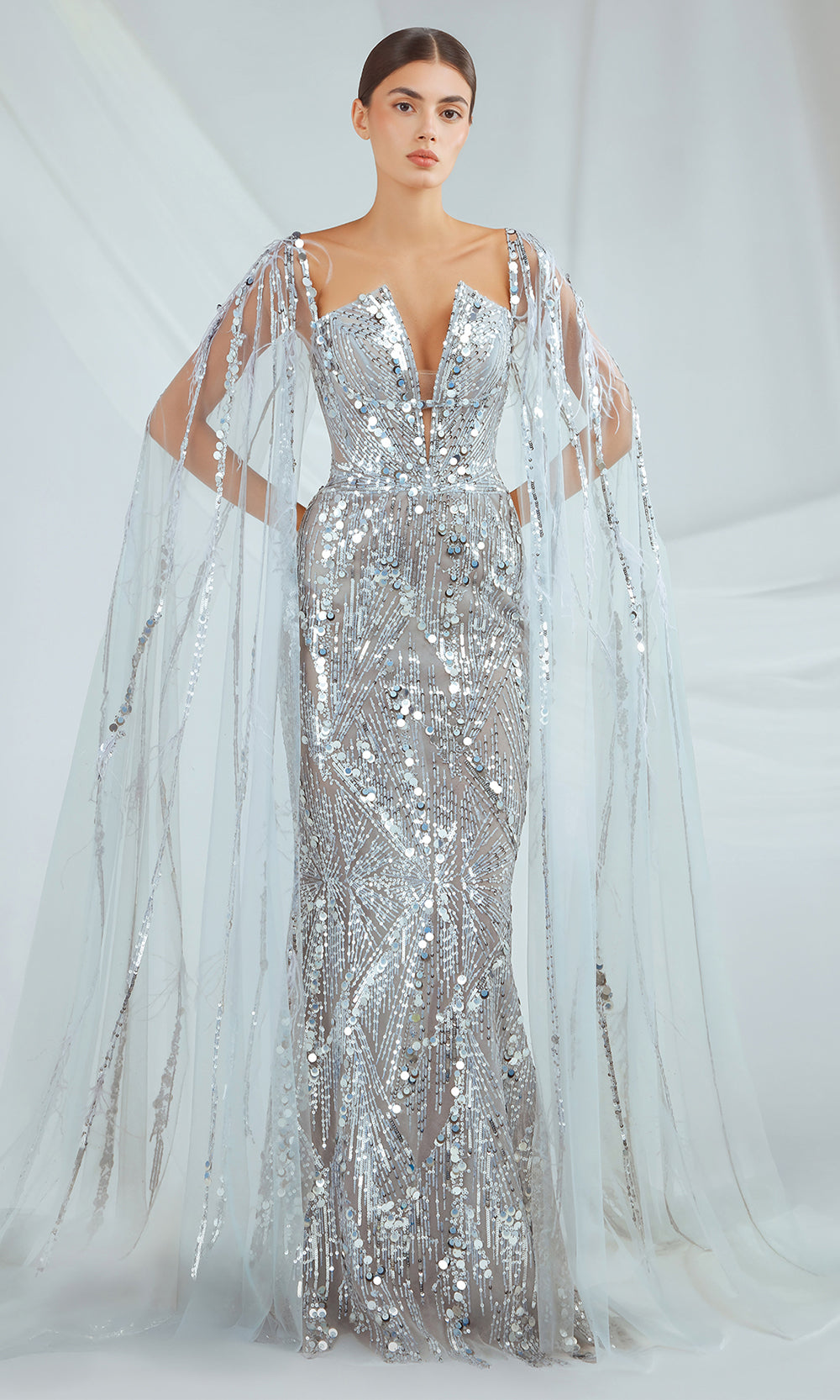 Gatti Nolli Couture OP-7282 - Long Tulle Sheath Dress - Sheer Cape Sleeves, Shimmer ...