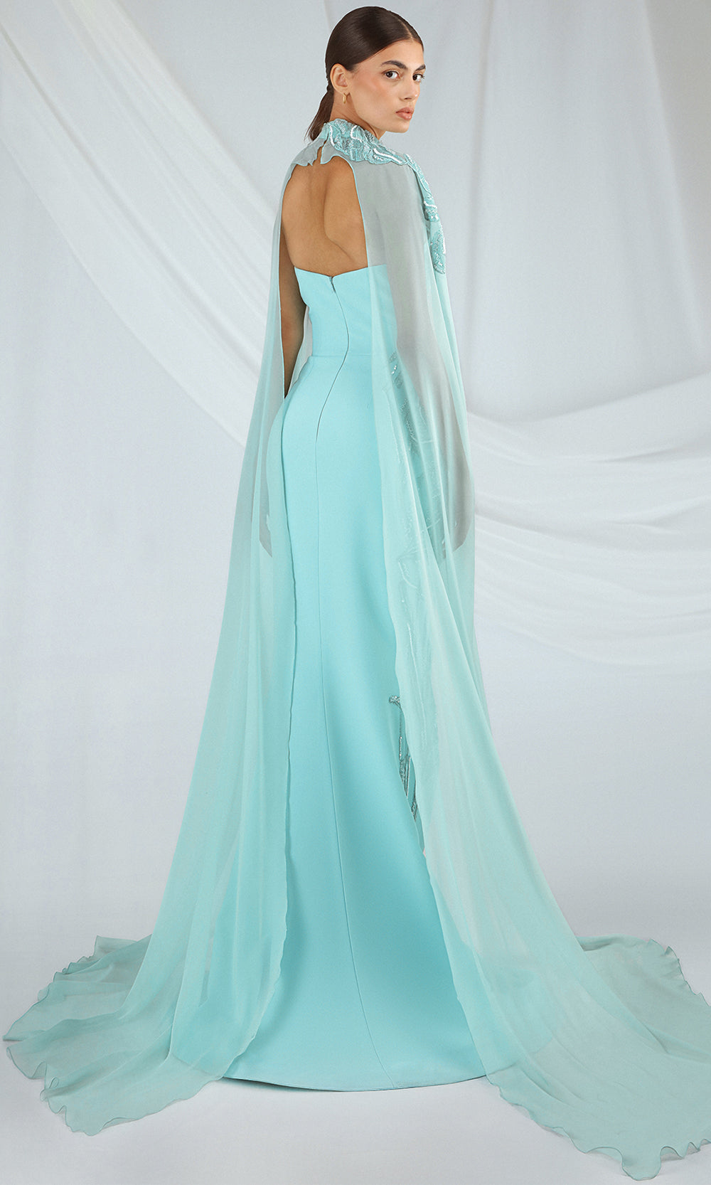 Gatti Nolli Couture OP-7377 - Long Crepe, Chiffon Sheath Dress - Sheer Cape Sleeves, Strapless ...