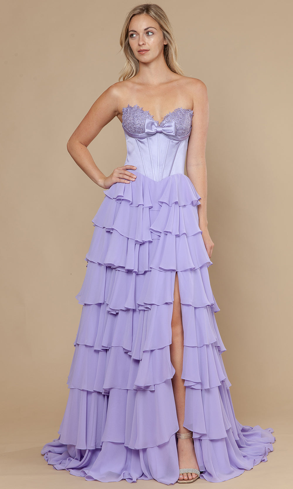 Poly USA 25074 - Long Chiffon A-line Dress - Embroidered Bust, Bow ...