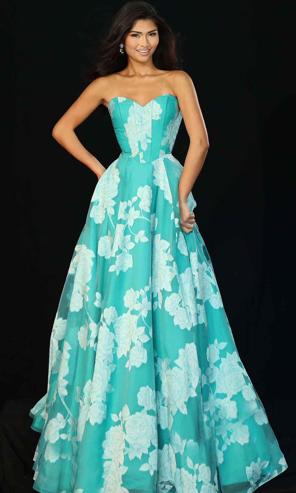 Jovani 47327 - Long Organza A-line Dress - Floral Applique, Strapless ...