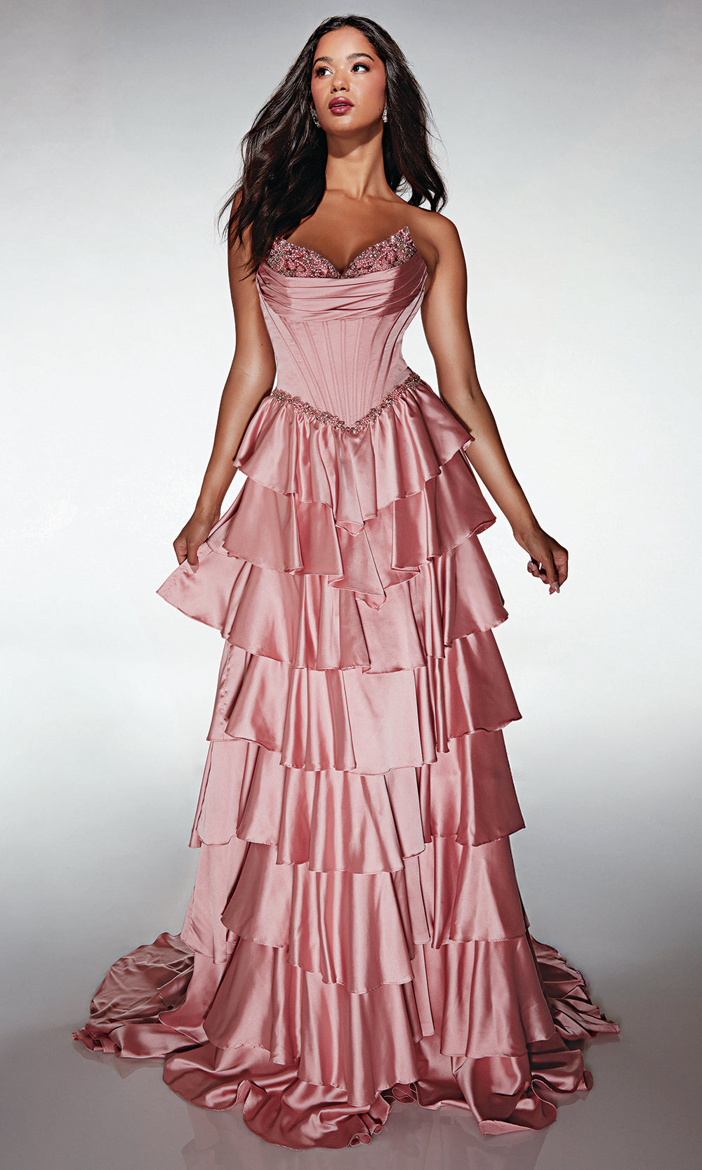 Alyce Paris 62050 - Long Satin Chiffon A-line Dress - Tiered ruffle ...