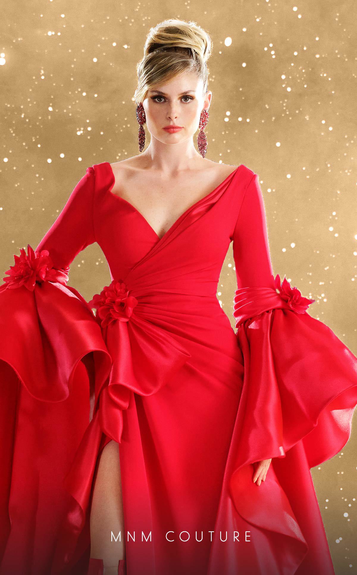 MNM Couture F02879 - Long Sheath Dress - Long Bell Sleeves, Ruched ...