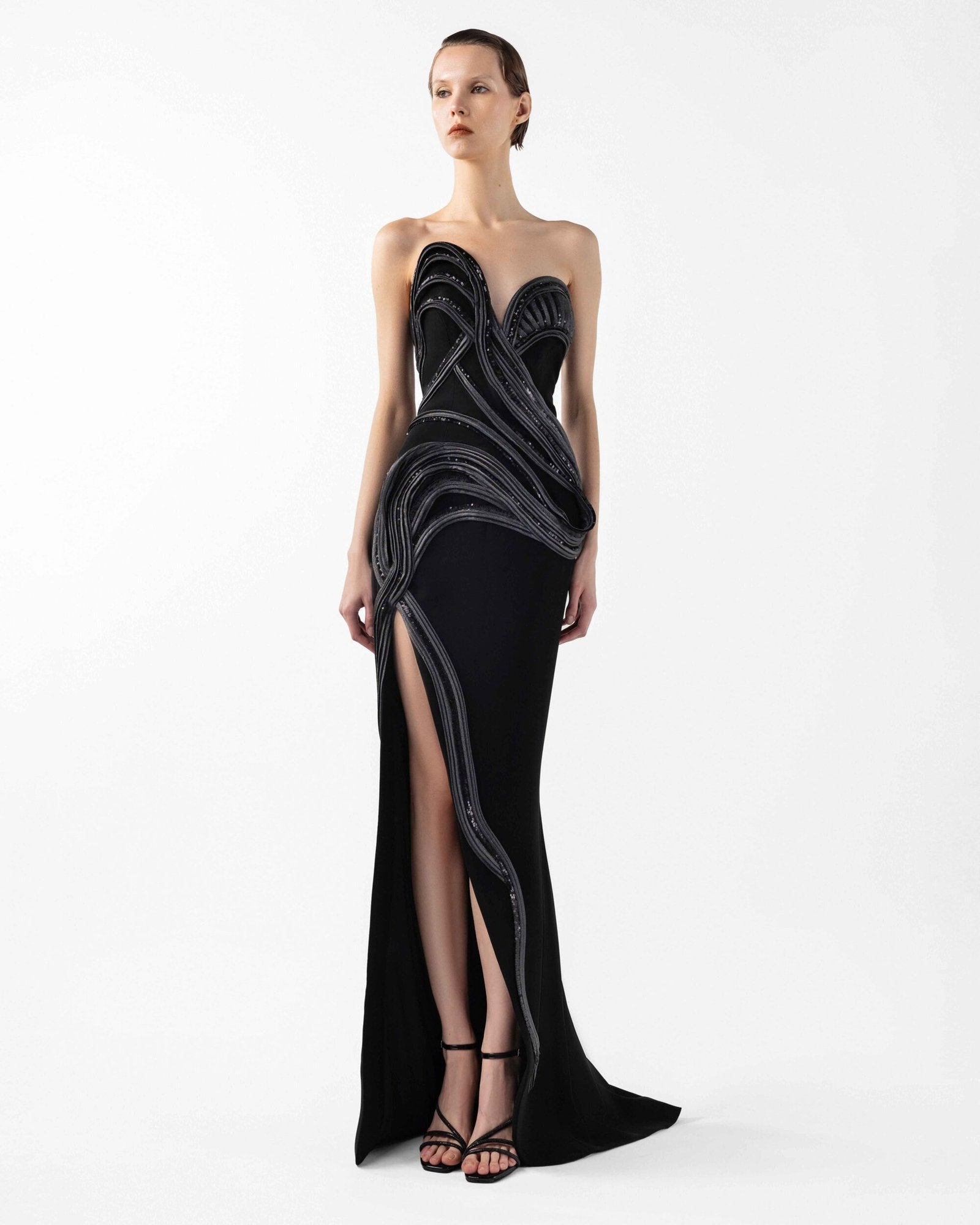 MNM Couture G2048 - Long Crepe, Lame Organza Sheath Dress - Strapless, Sculpted Waves Embroidery ...