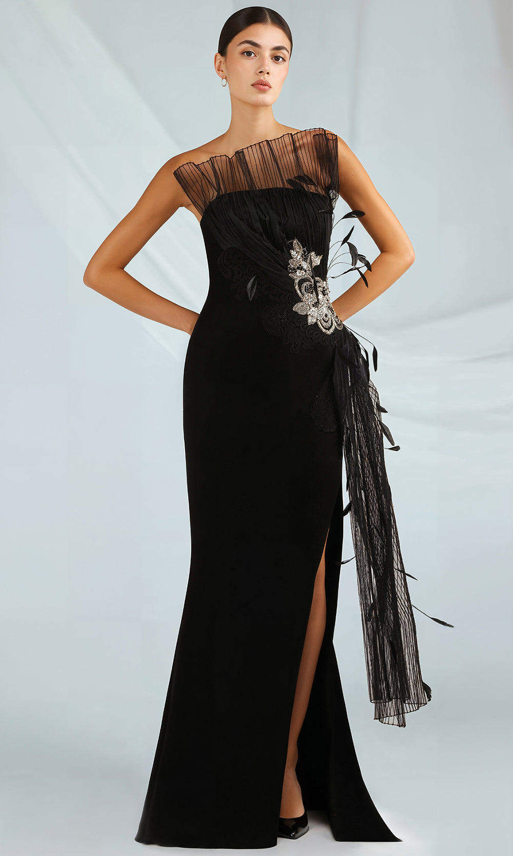 Gatti Nolli Couture OP-7385 - Long Crepe, Tulle Sheath Dress - Hand-Embroidered Applique, Beaded ...