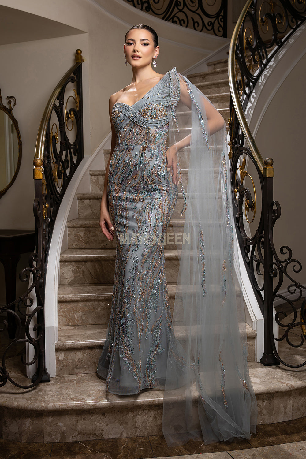 May Queen RQ8205 - Long Sheath Dress - Sheer Cape Sleeve, One Shoulder ...