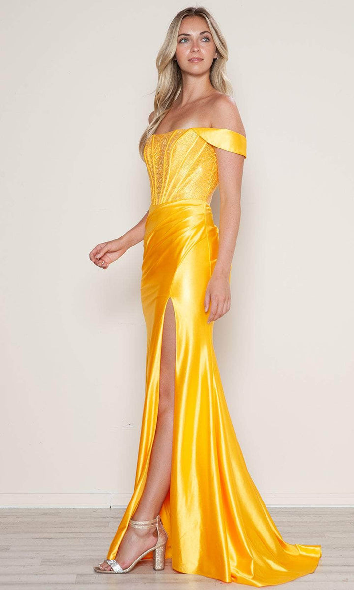 Poly USA 9656 - Long Poly Span Satin Sheath Dress - Off Shoulder, Cap ...