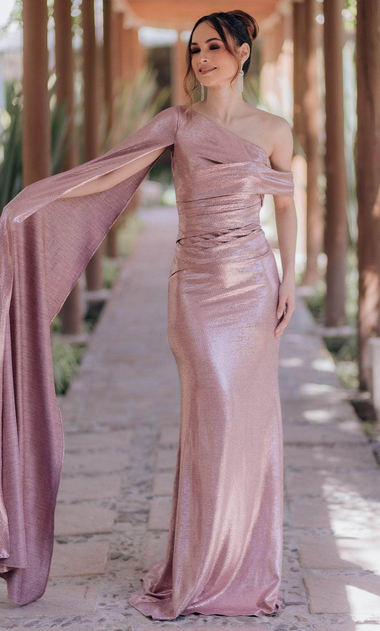 Terani Couture 232M1548 - Asymmetrical Neckline Metallic Evening Dress ...