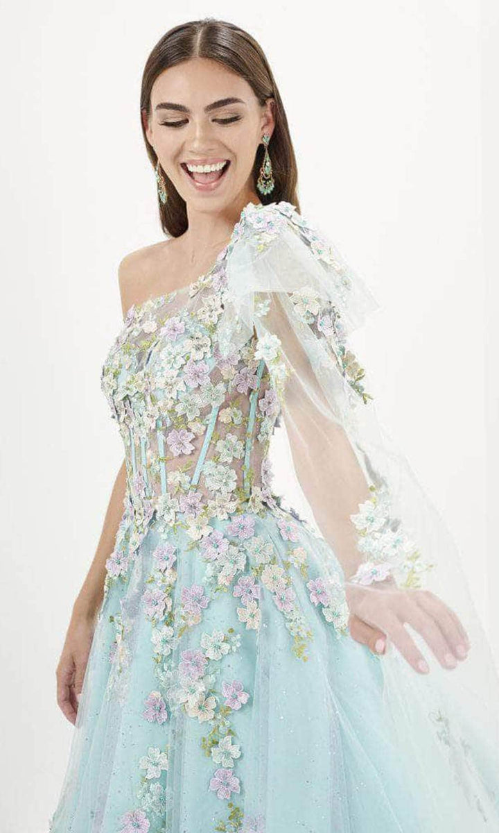 Tiffany Designs 16079 - Floral Appliqued Asymmetric Evening Gown ...