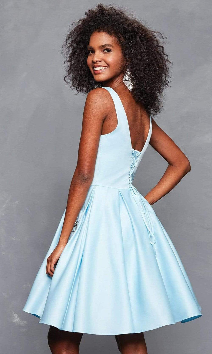 Clarisse - 3613 Illusion Plunging V Neckline Fit and Flare Short Dress ...