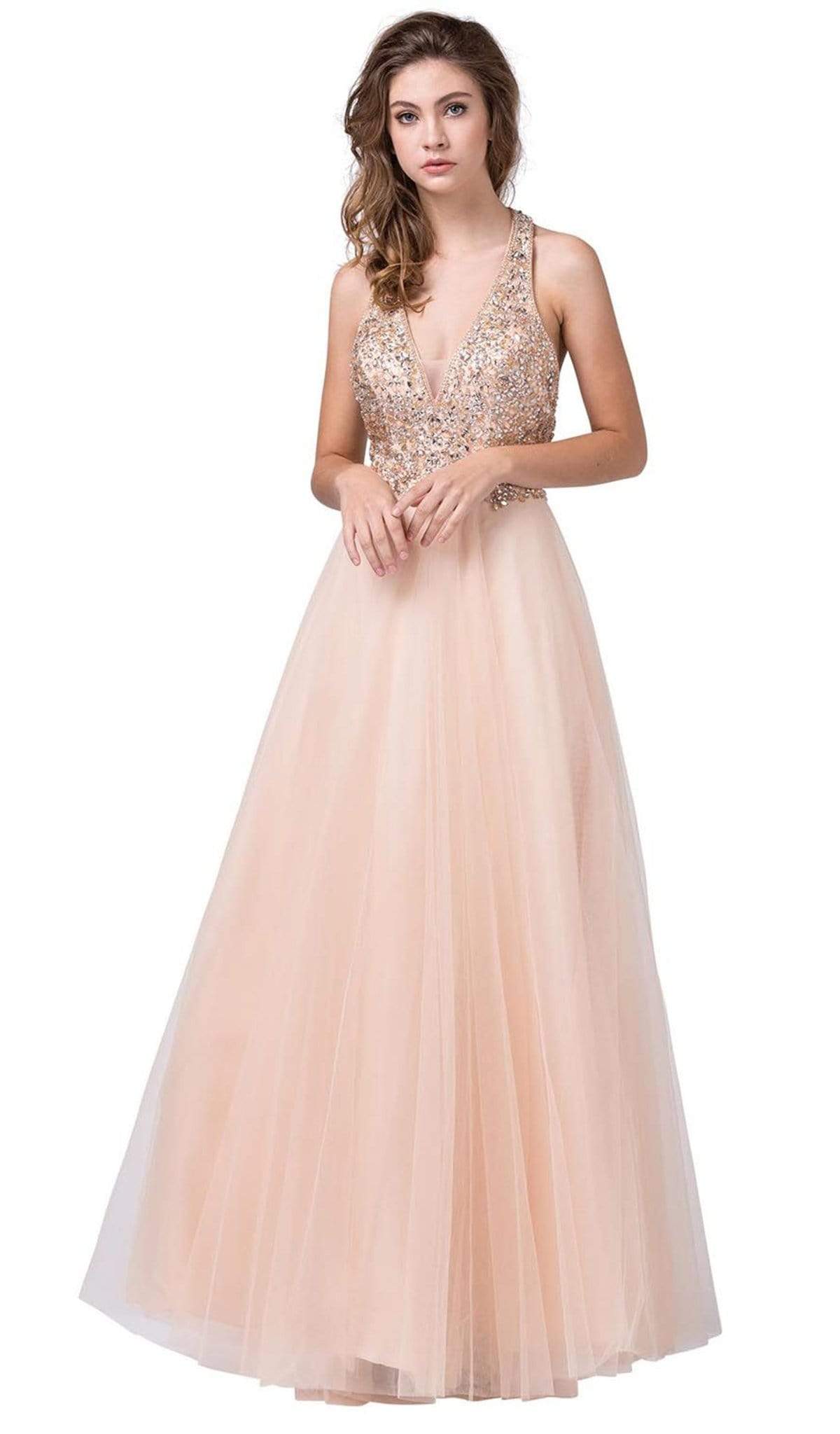 Dancing Queen - 2532 Beaded Sheer Deep Halter V-neck A-line Gown ...