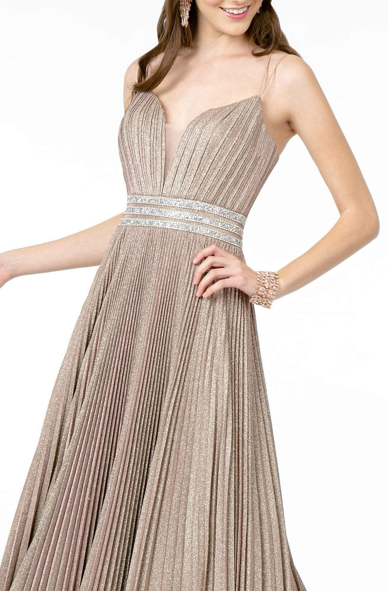 Elizabeth K - GL2905 Deep V Neck Pleated Metallic Glitter A-Line Gown ...