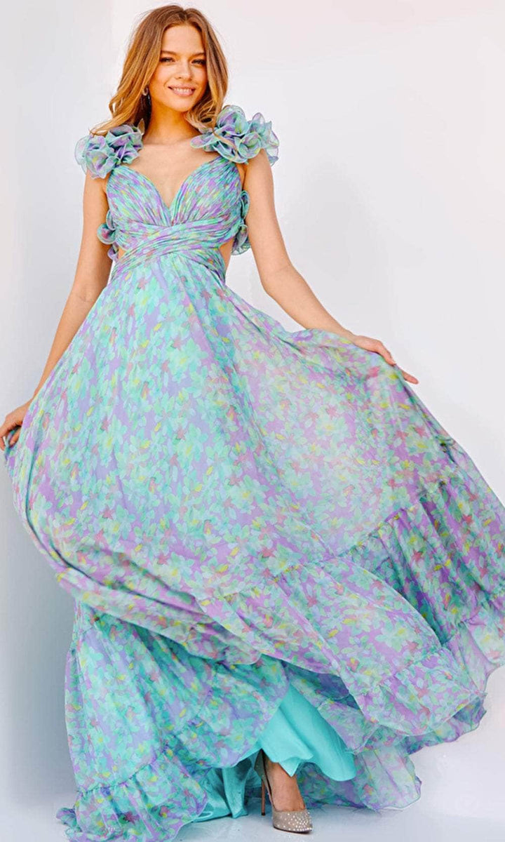 Jovani 23320 - Ruffled Shoulder Flowy Printed Gown – Couture Candy