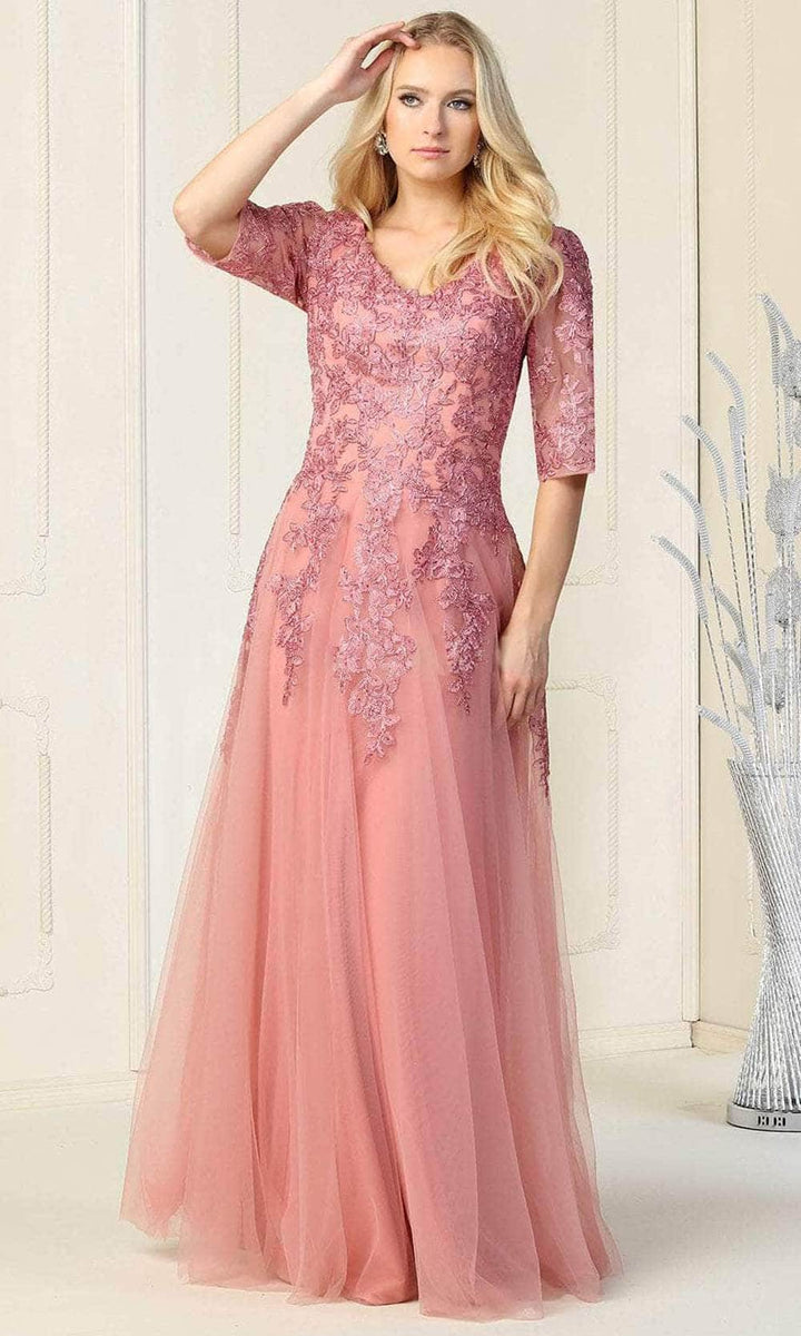 May Queen MQ1859 - Elbow Sleeve Lace Formal Gown – Couture Candy