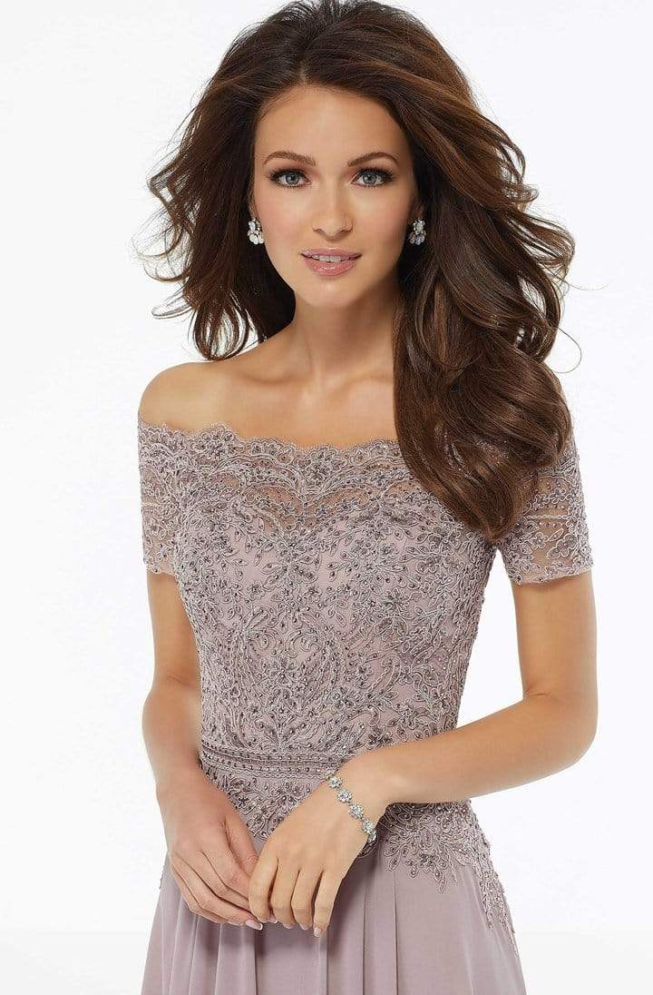 MGNY By Mori Lee - 72133SC Lace Appliqued Off Shoulder Chiffon Dress ...