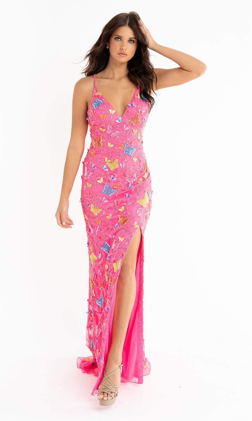 Primavera Couture - 3748 Colorful Butterfly Plunging V Neckline Long G ...